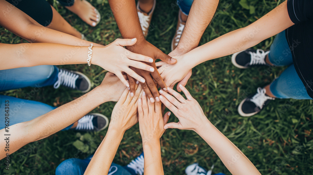 Teamwork and collaboration symbolized by a circle of interconnected ...