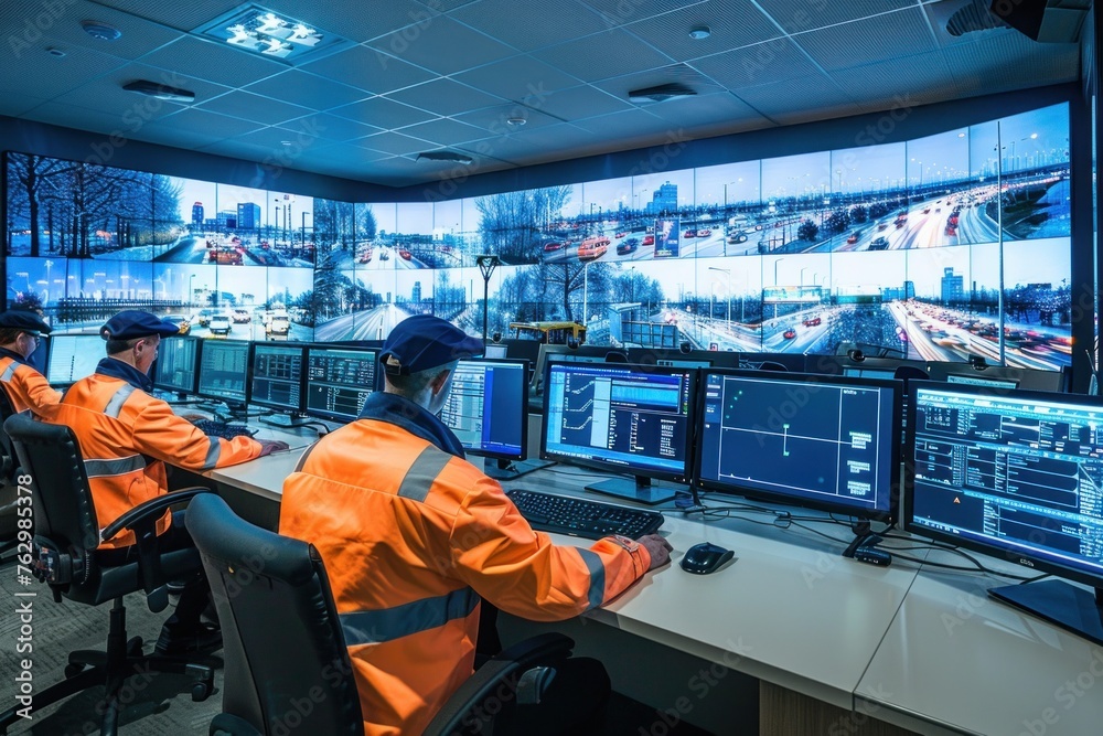 Security guards guarding control room operation with video wall for ...