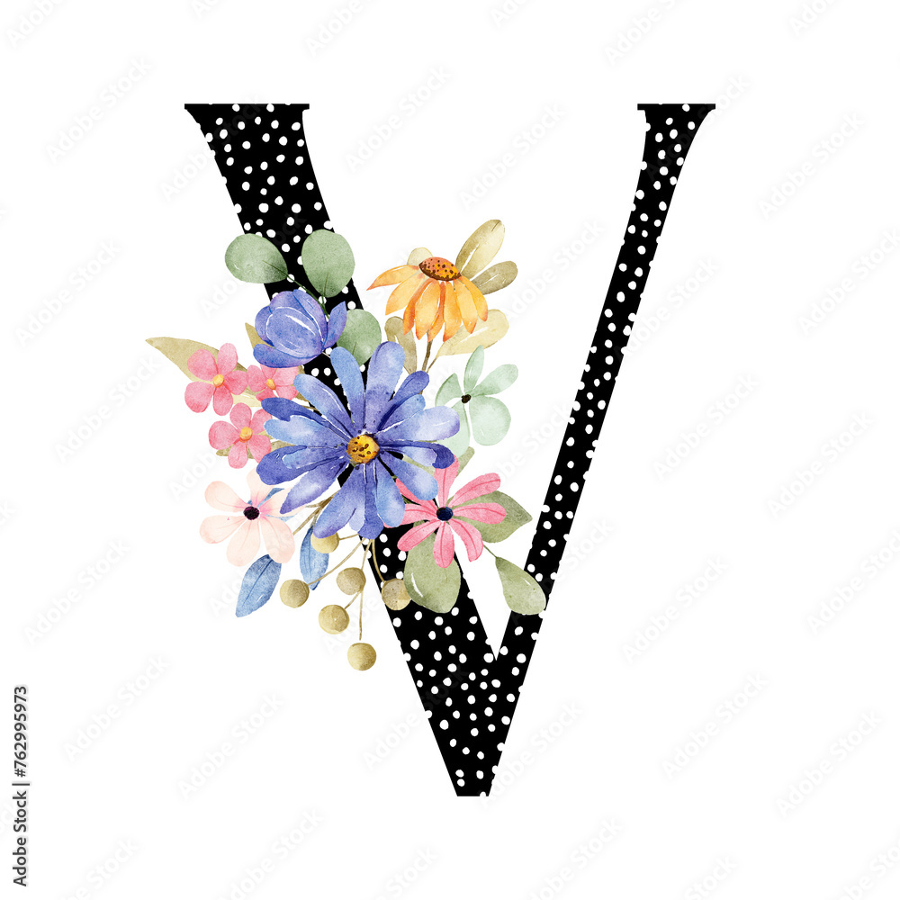 Letter V with watercolor flowers and leaf. Monogram initial, letterhead ...