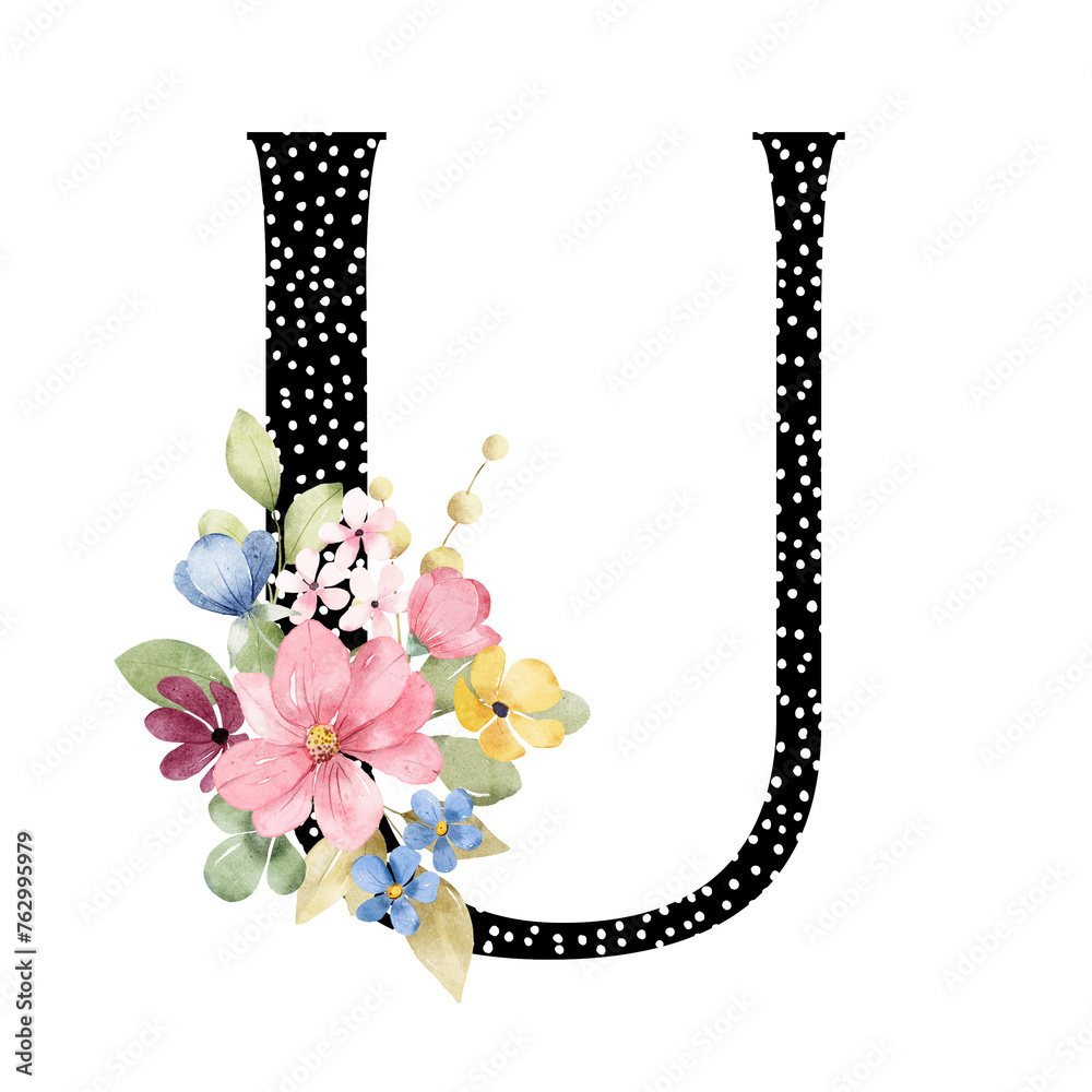 Letter U with watercolor flowers and leaf. Monogram initial, letterhead ...