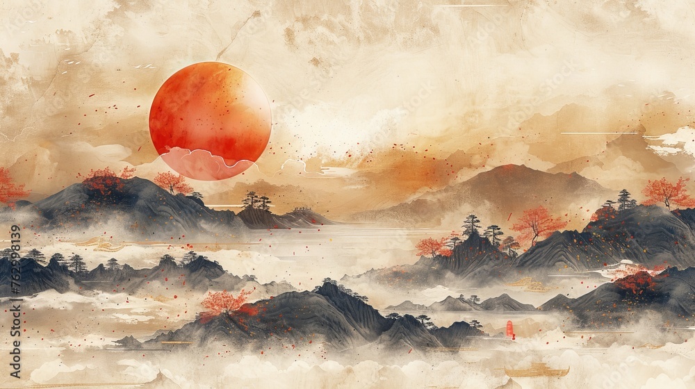 An icon and symbol element in Asia style with gold sun and moon with ...