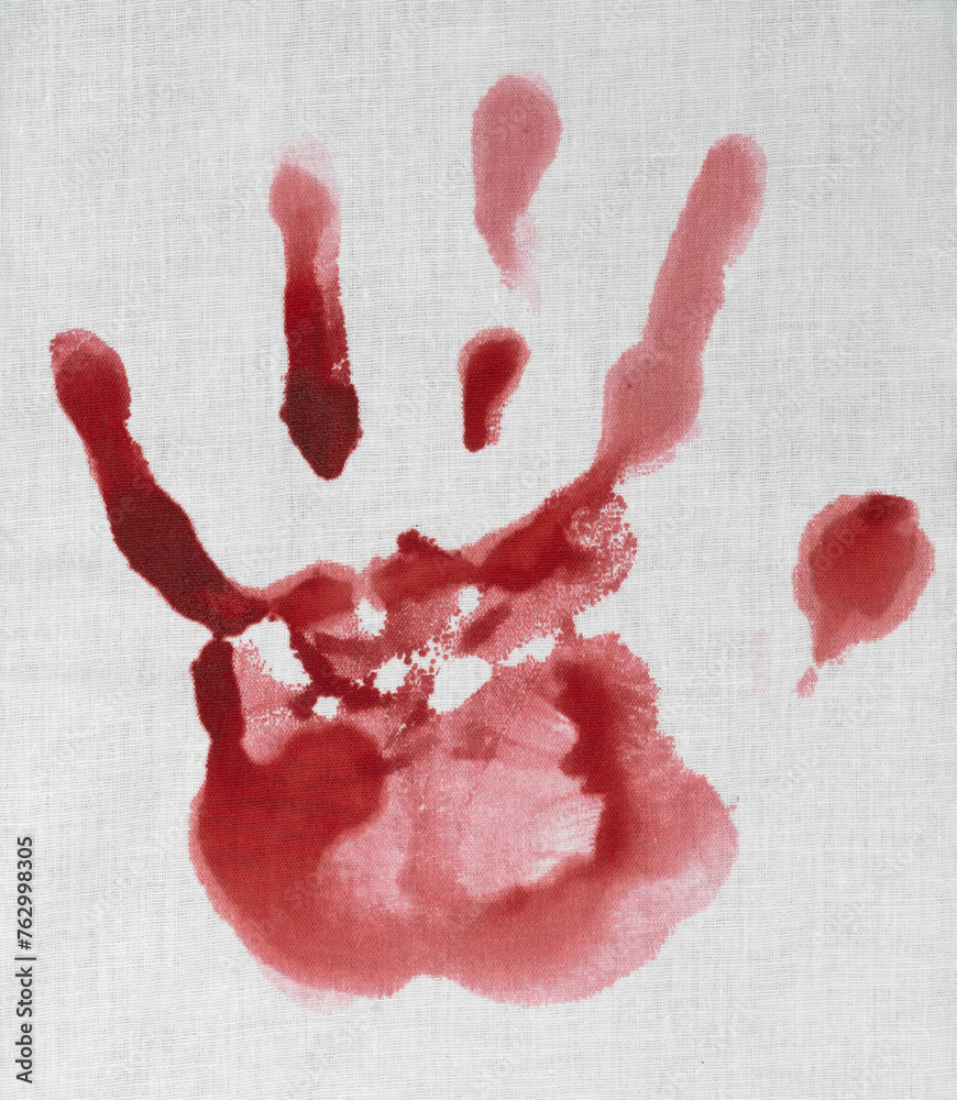 bloody handprint on a white background. bloody mark on clothes. wound ...