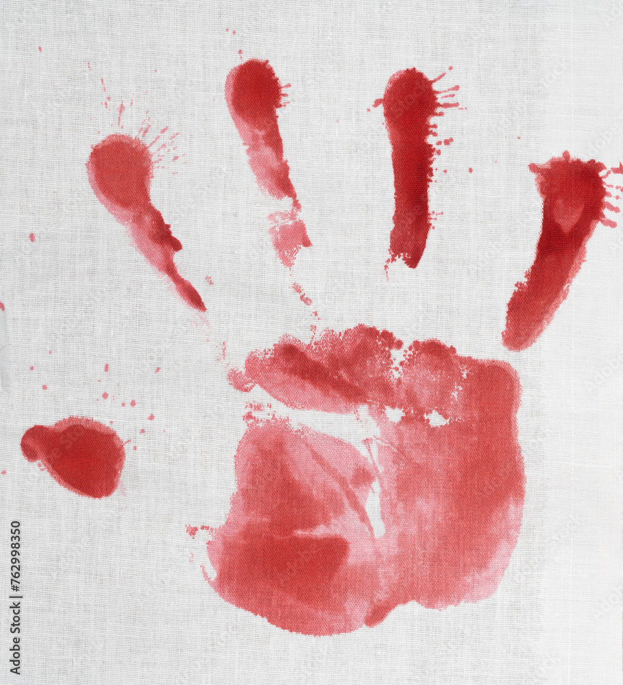 bloody handprint on a white background. bloody mark on clothes. wound ...