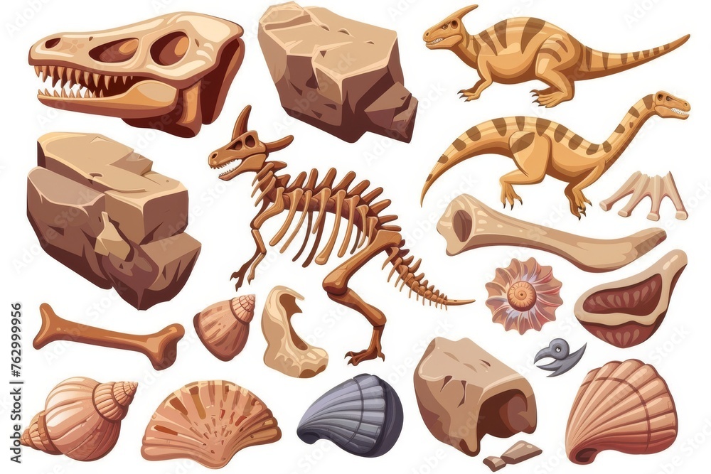 Illustration of dinosaur fossils in stone sections, buried snail shells ...
