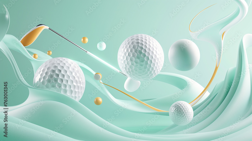 An abstract 3D composition featuring elements of golf (ball, club, tee ...
