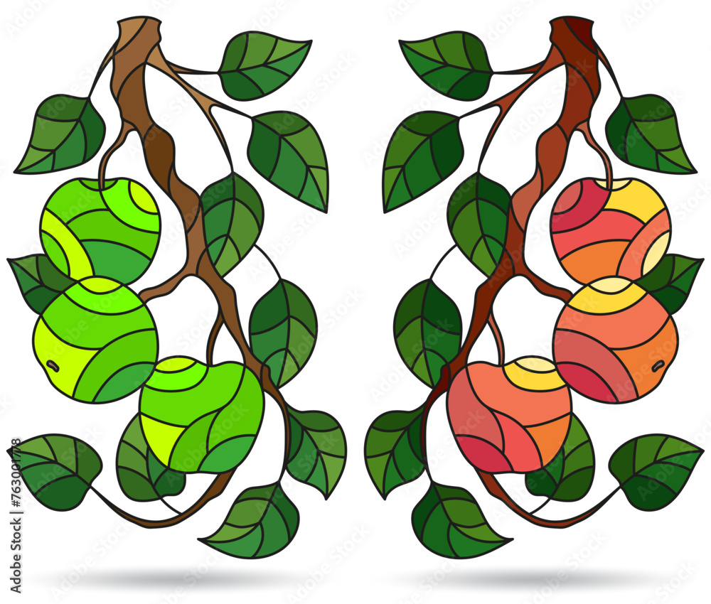 Set of illustrations of stained glass Windows with tree branches, Apple ...