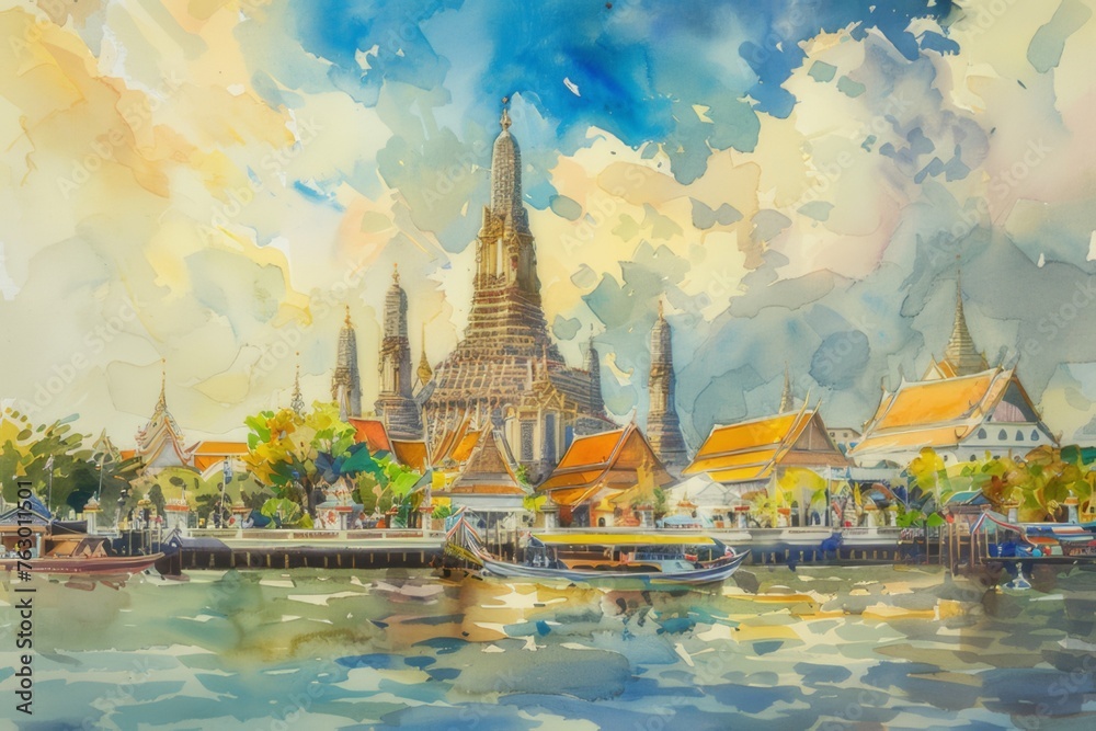 Fascinating watercolor paintings of Wat Arun A stunning Buddhist temple in Bangkok, Thailand ...