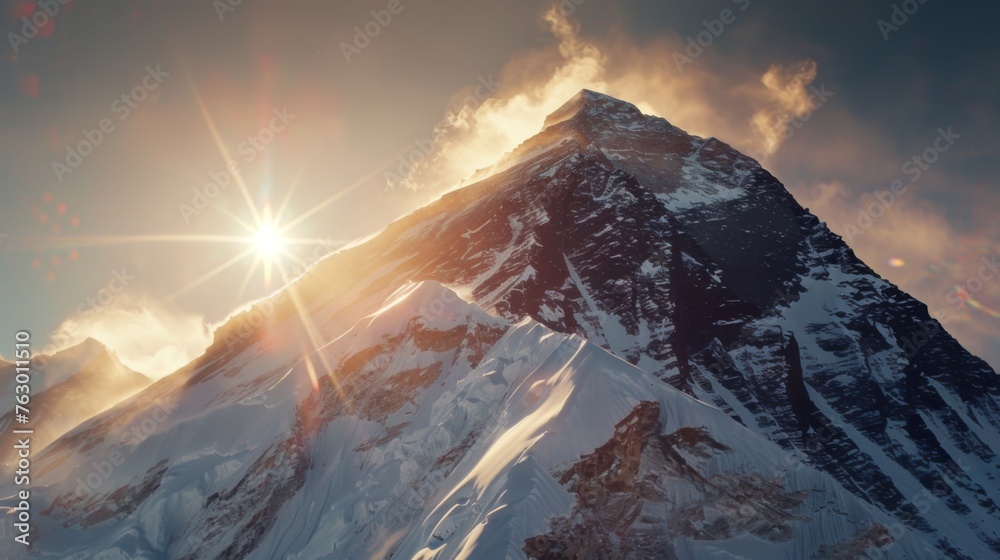 Mount Everest, the summit towering amidst snow, stands as the loftiest ...
