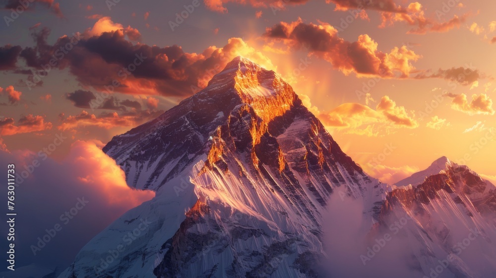 At sunset, Mount Everest looms majestically, its summit cloaked in snow ...