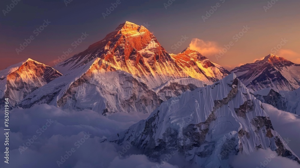 At sunset, Mount Everest looms majestically, its summit cloaked in snow ...