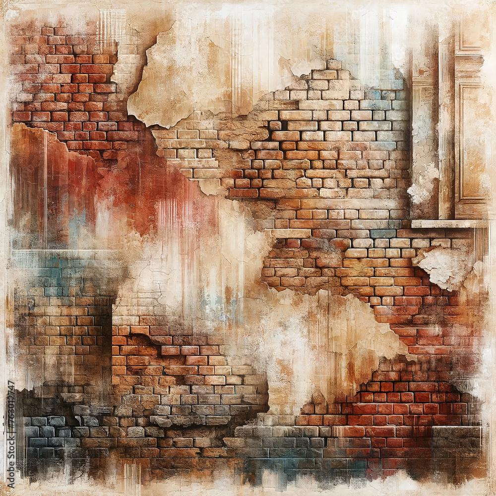 Artistic depiction of a crumbling brick wall with textures and patterns ...