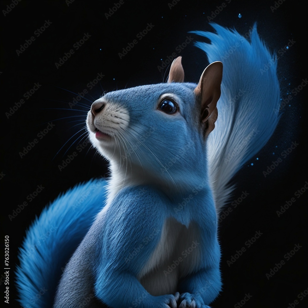 High Resolution. Generative AI. Realistic cosmic blue squirrel looking up. Dark background with ...