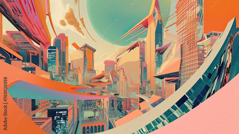 Abstract illustration of a landscape of a distorted, irregular city ...