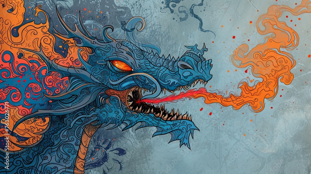 An abstract image of a blue dragon spewing flame, fiery breath ...