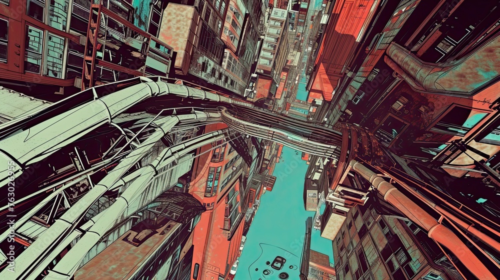 Abstract illustration of a landscape of city, urban area, modern ...