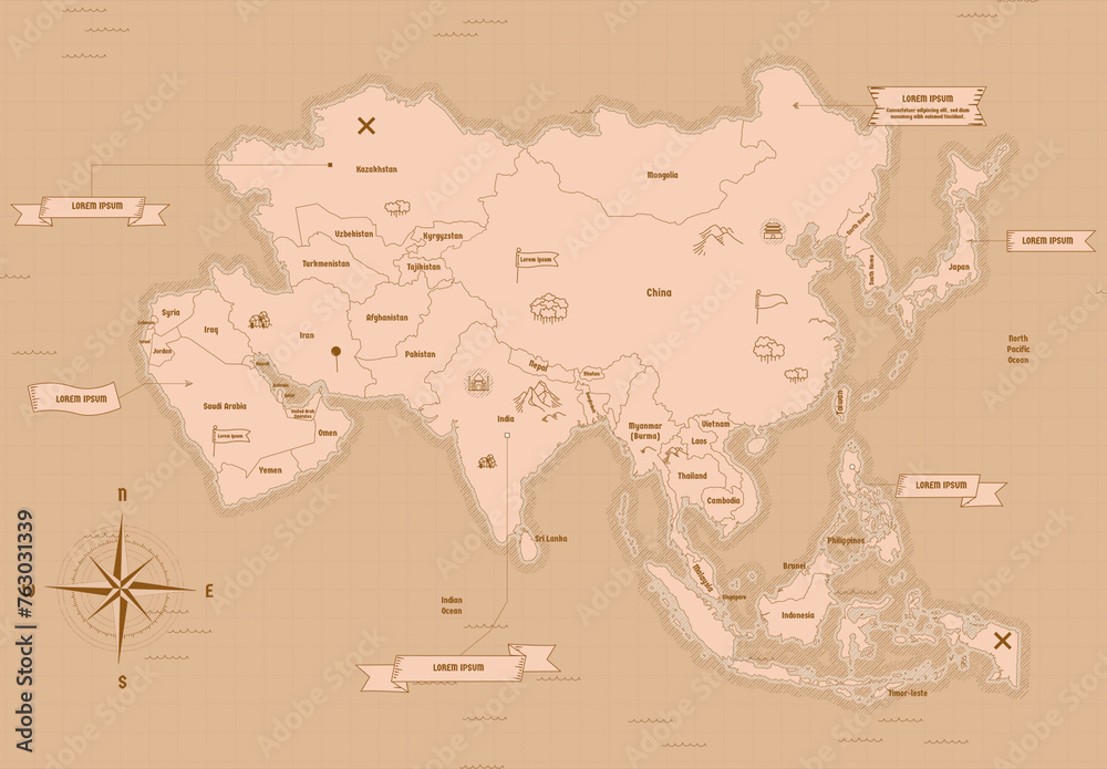 Vintage Asia Map Vector Layout Stock Template | Adobe Stock