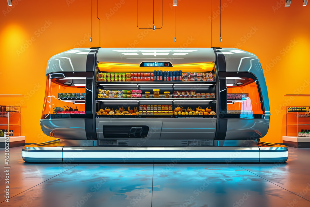 A futuristic grocery store with a large display of food. The store is ...