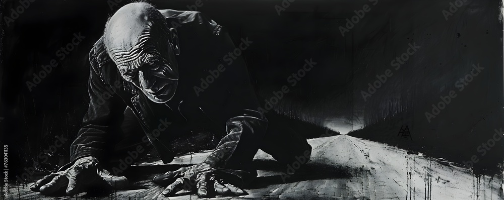 Charcoal Drawing of a Masked Old Man Crawling on the Ground in a Dark ...
