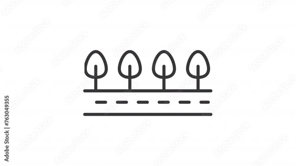 Animated road loader. Moving along roadway with trees, simple line ...