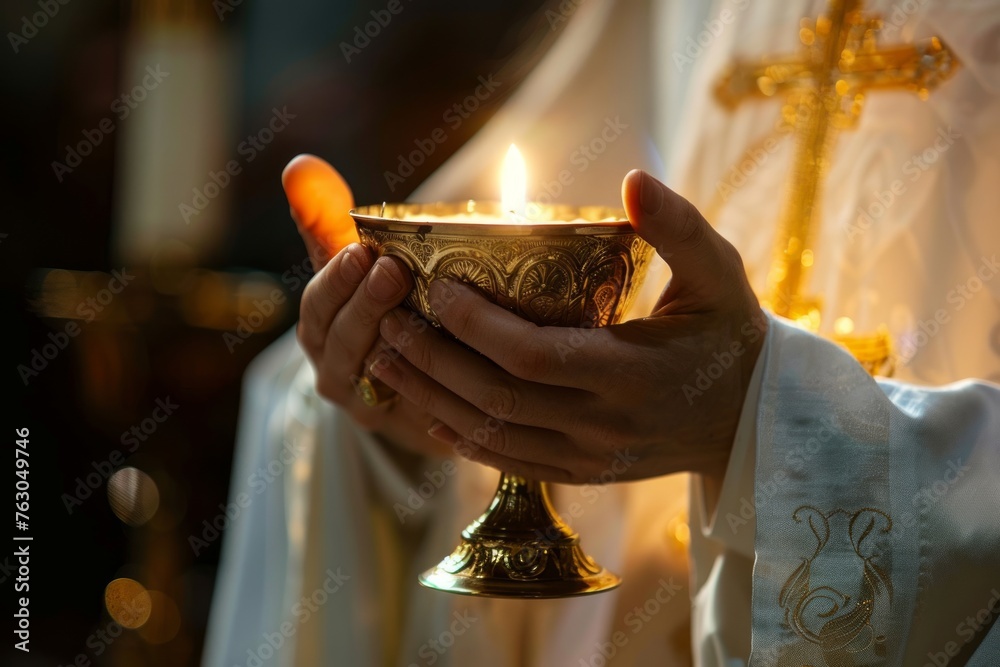 Detail of the hand of a priest in communion with a host consecrated as ...