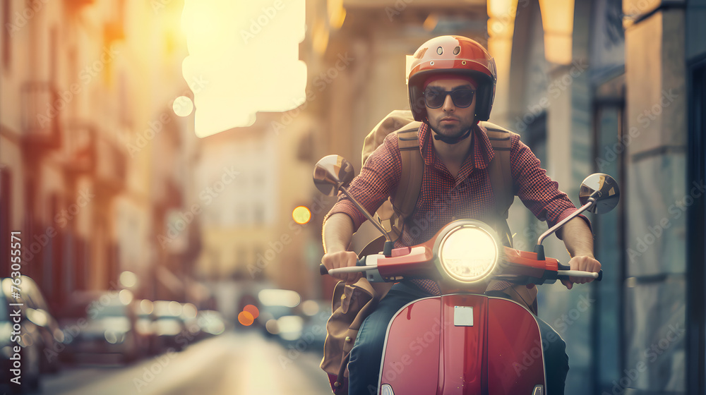 dynamic image featuring a delivery man on a scooter, carrying a food ...