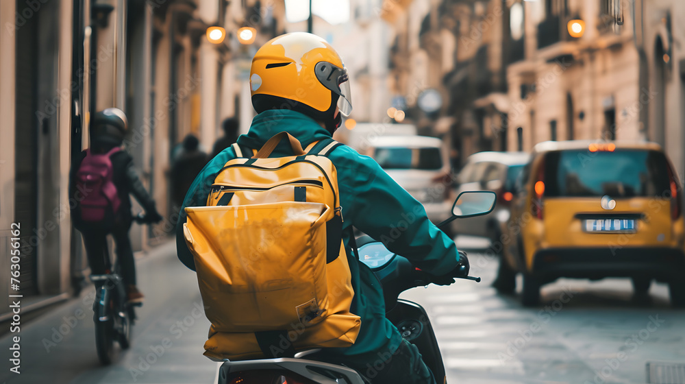 dynamic image featuring a delivery man on a scooter, from back carrying ...