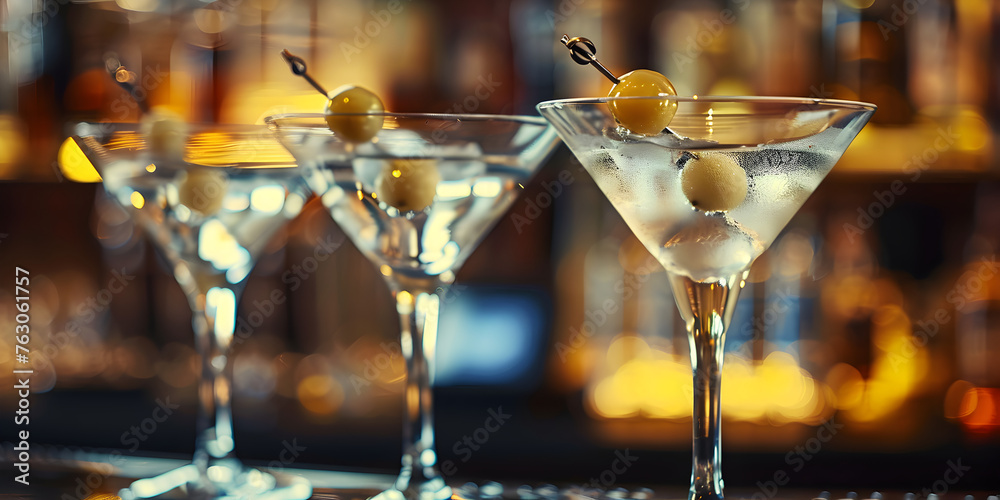 Miniature martini glasses, with perfectly crafted tiny olives and clear ...