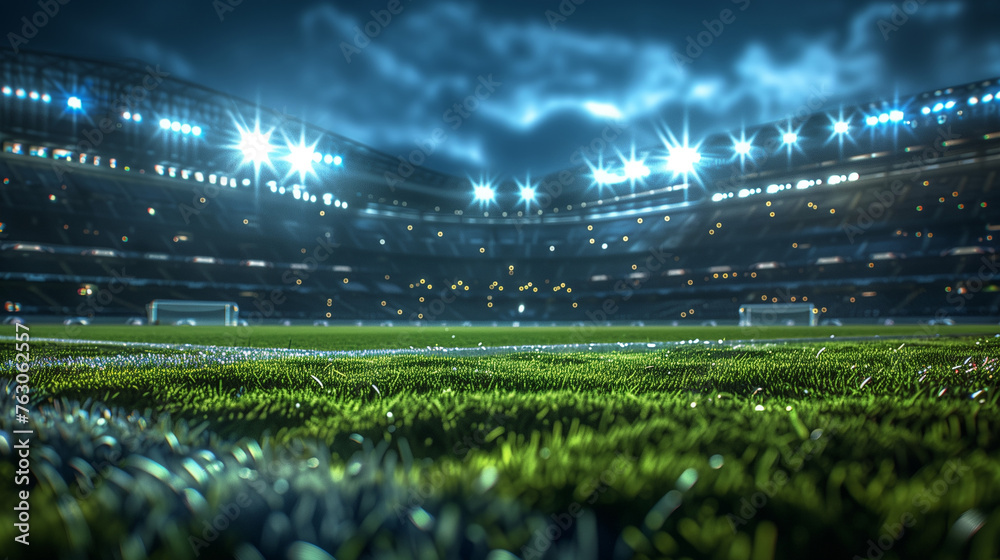 Vast soccer stadium bathed in a soft blur, with the bright glow of ...