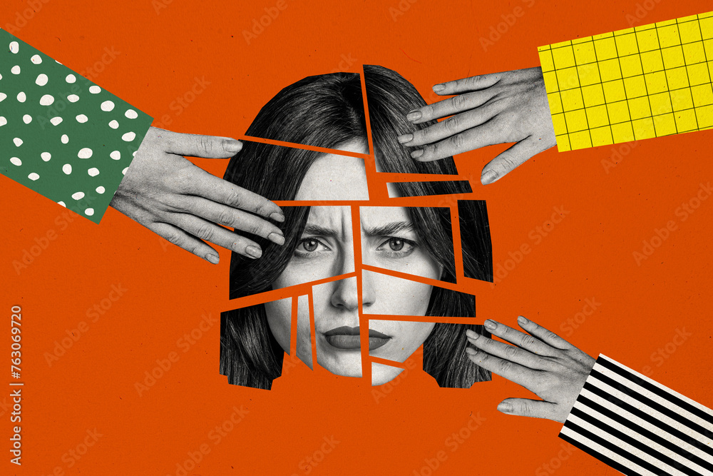 Photo collage image woman face fragments mosaic separated parts hands ...