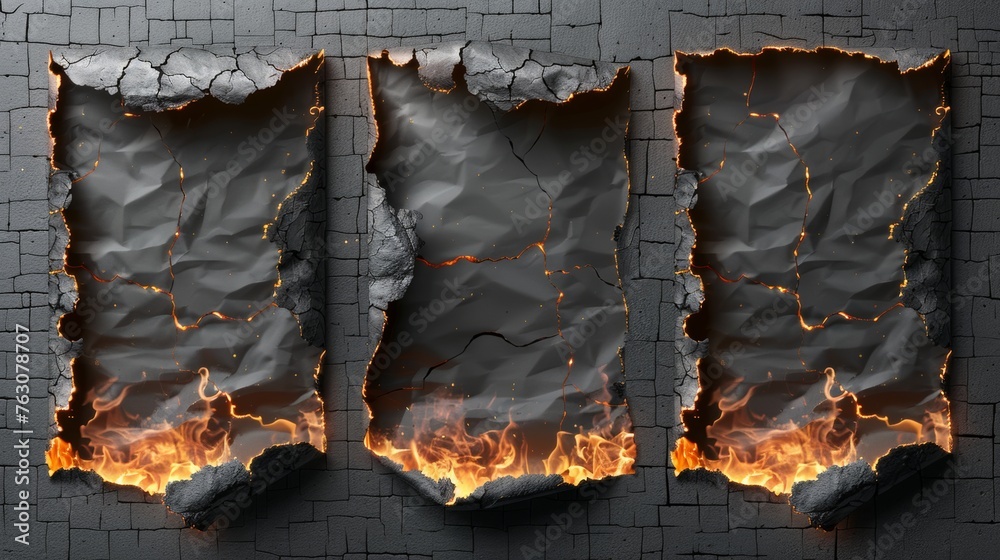 Burnt edges of paper with fire and black ash. Modern realistic set of ...