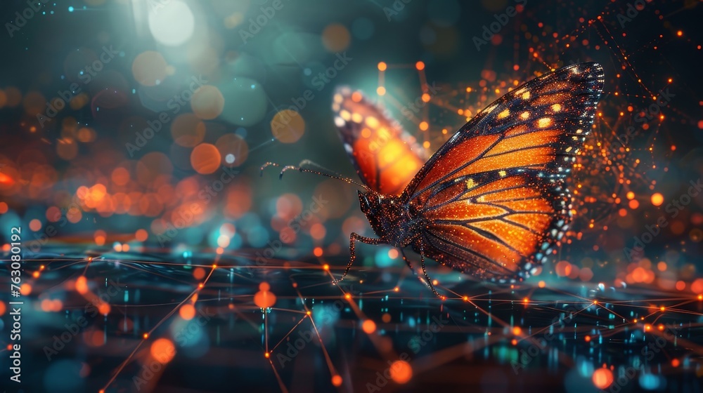 Lifecycle of a butterfly depicted in a futuristic fashion. A ...