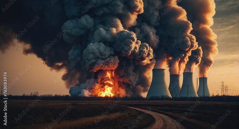 Radioactive flame and smoke cloud after a nuclear plant explosion Stock ...