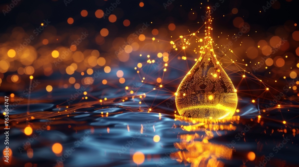 Graphitic illustration of a golden oil drop falling on a geometric ...