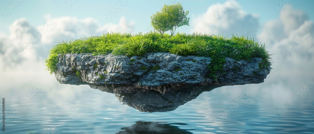 The floating island has a natural grass field on the rock, part of a ...