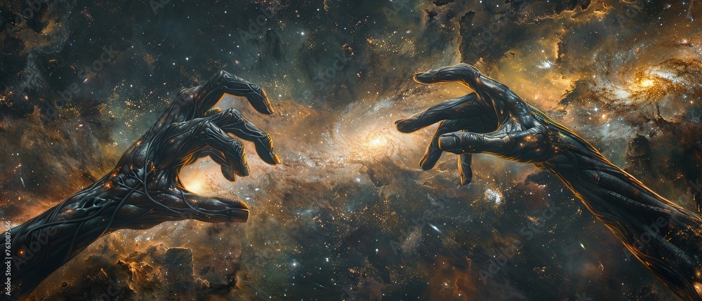 Illustrate a monumental sculpture depicting two alien hands reaching ...