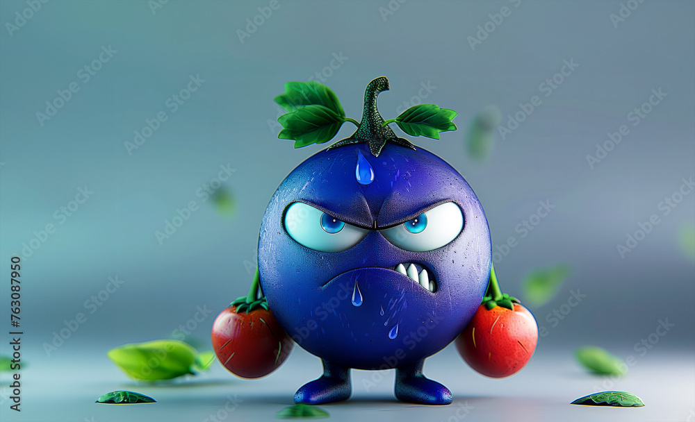 A cartoon fruit with a blue face and red eyes. It is holding two ...