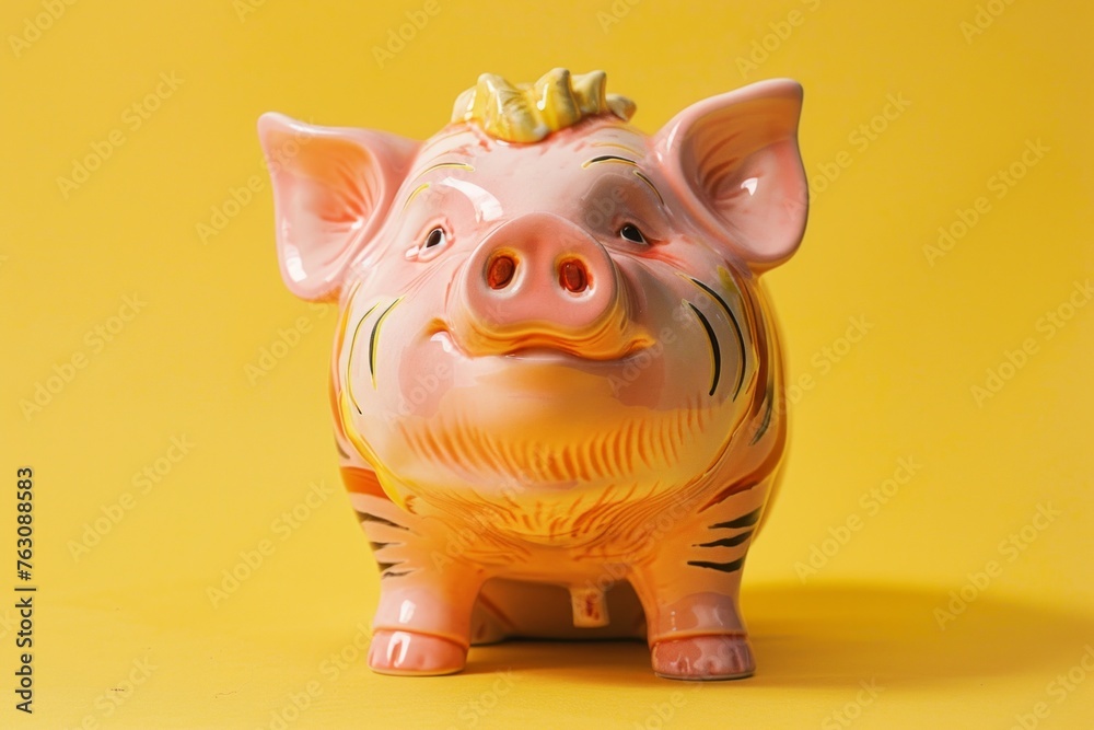 Pink pig coin bank wearing a lion/tiger nose disguise on a yellow ...
