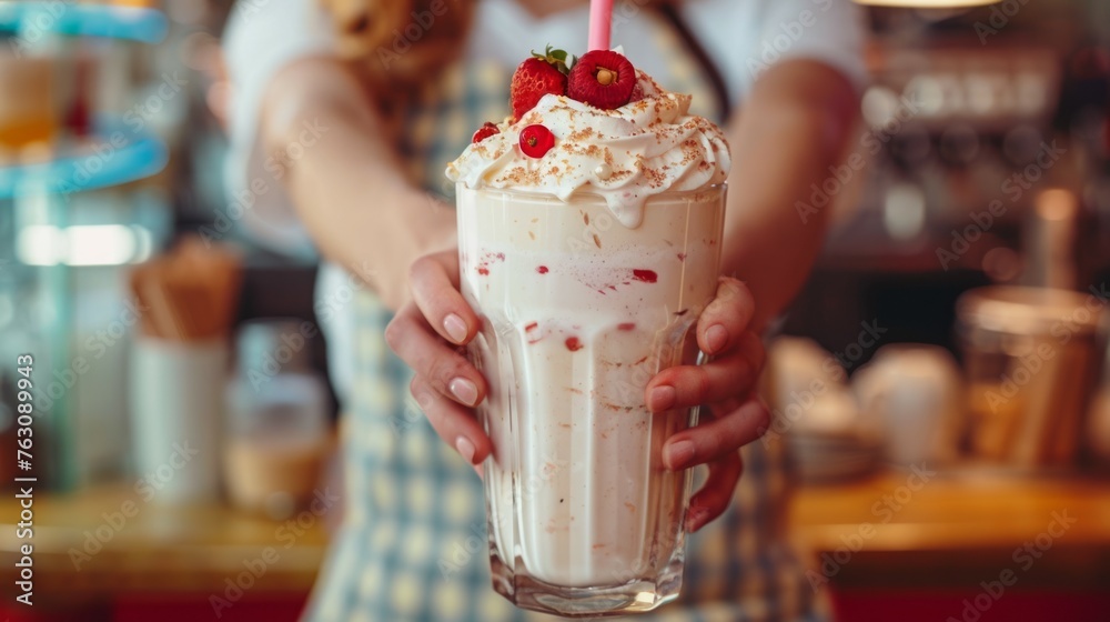 Diner counter with hands holding a classic milkshake with a straw ...