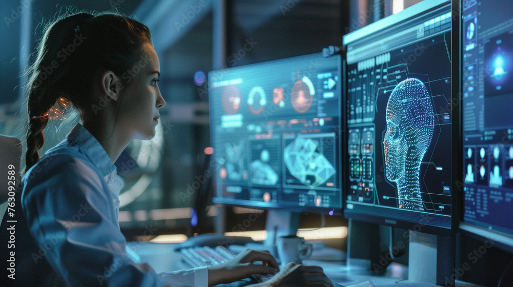 Female neuroscientist is working on computer while analysing human ...