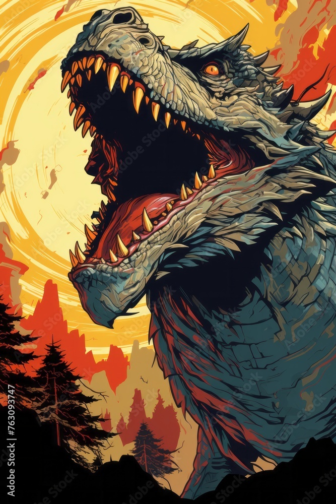 A powerful Godzilla stands with its mouth wide open, roaring fiercely ...