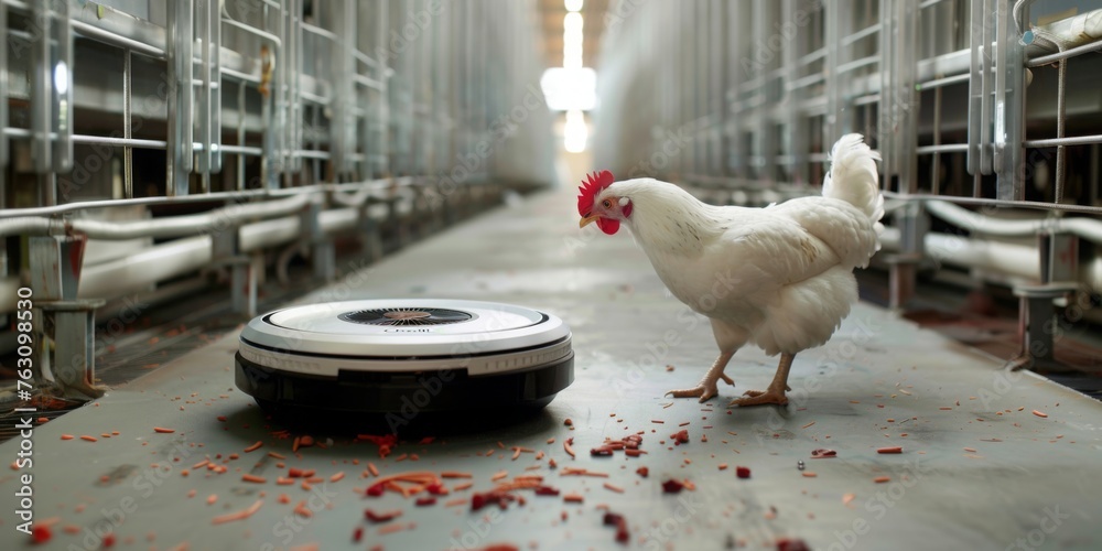 Robot vacuum cleaner declutter floor in chicken coop. Chicken surprised ...
