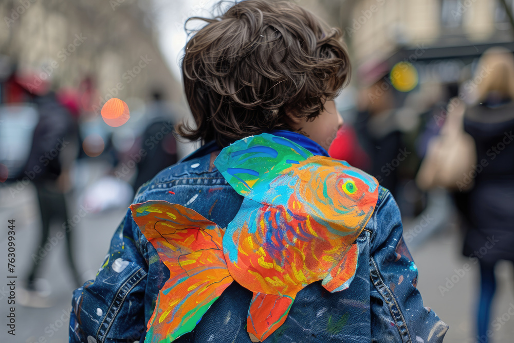 Boy with colorful paper fish attached to his back on a street of French ...