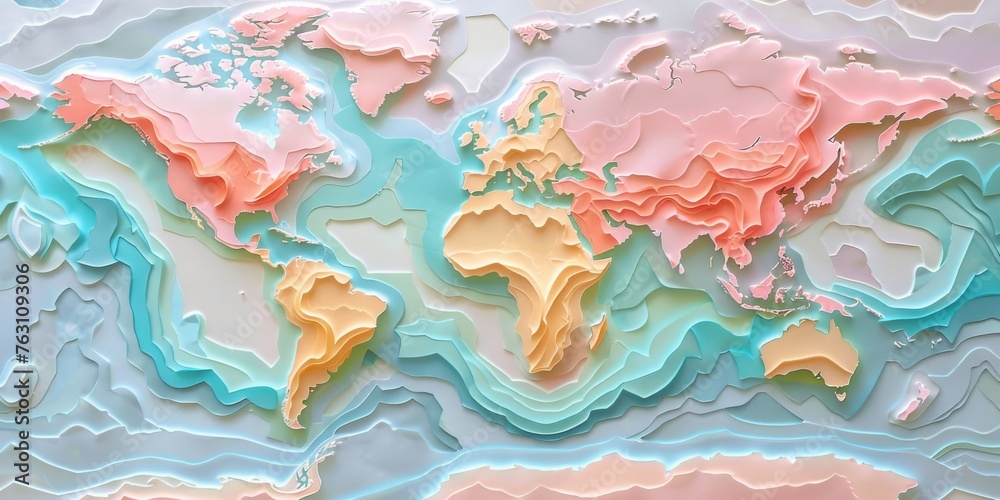 Topographic World map created in a layered paper cut style with ...