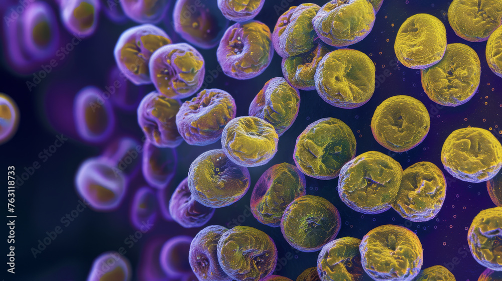 Clustered spherical bacteria cells are depicted in vibrant orange and ...