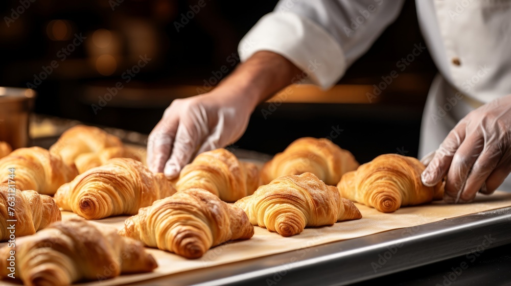 Croissant baker shapes buttery dough golden pastries displayed Stock ...