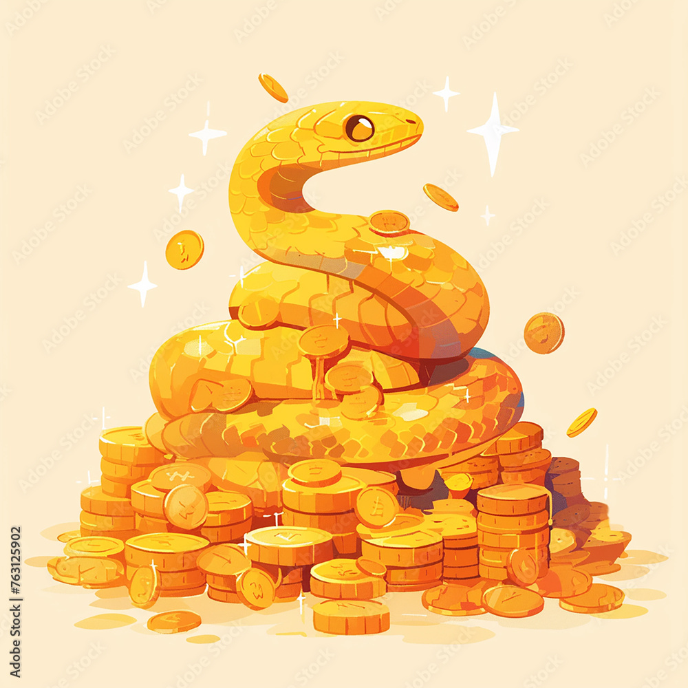 2025 A snake is sitting on a pile of gold coins. The snake is ...