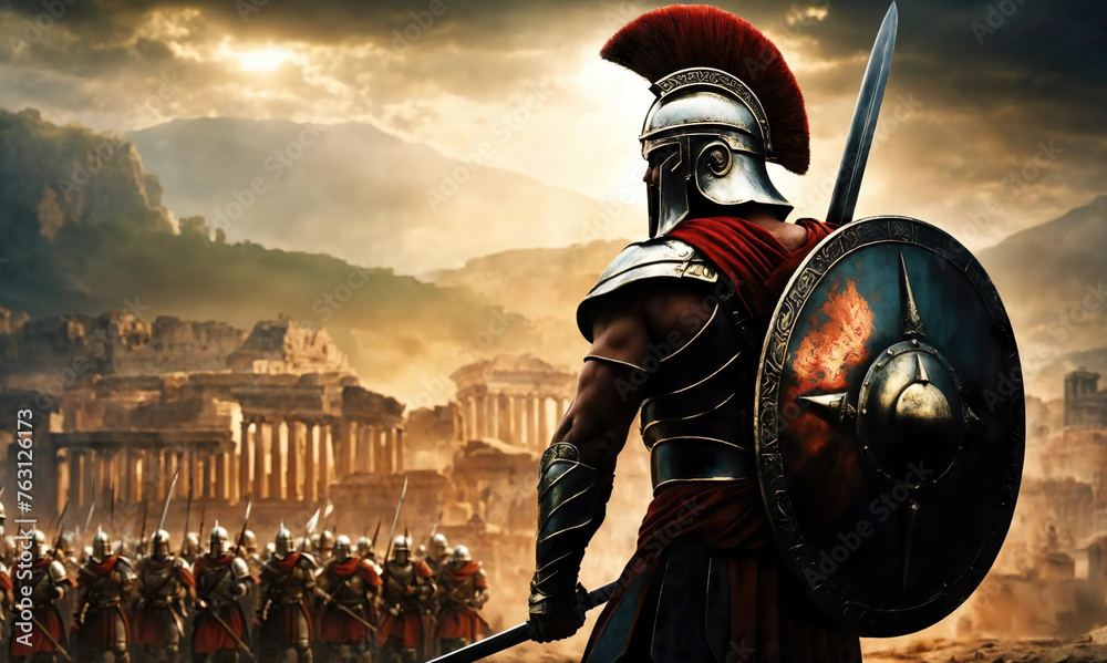 Roman centurion commanded his troops. Spartan warrior with sword, and ...