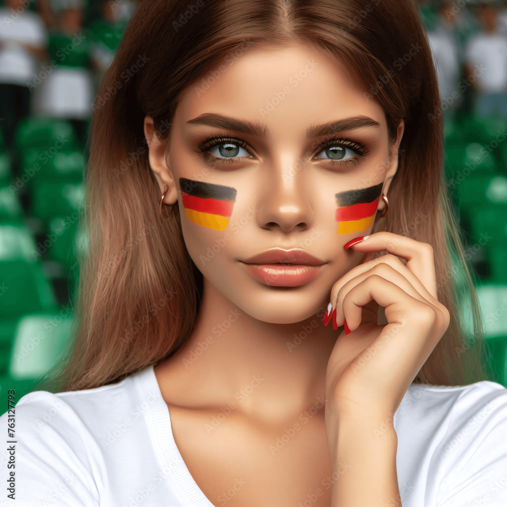 German Young Female Soccer Fan with Painted National Flag Cheeks at ...