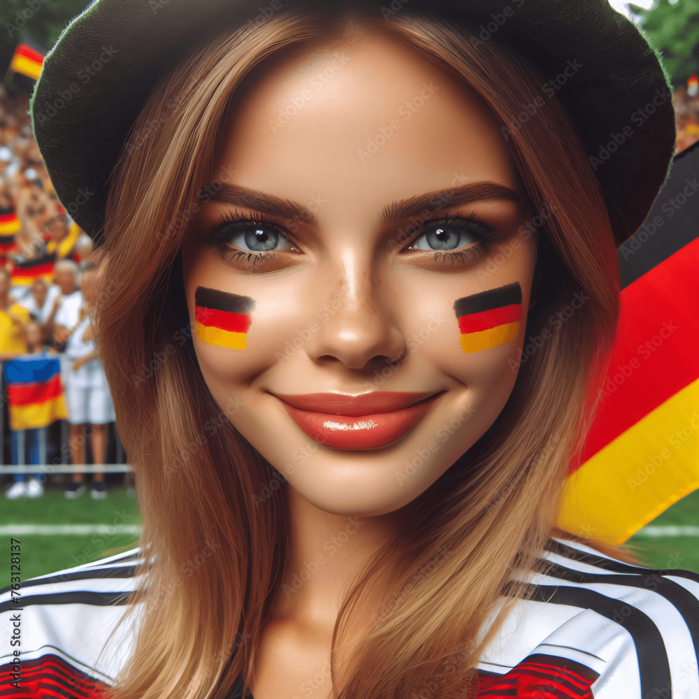 German Young Female Soccer Fan with Painted National Flag Cheeks at ...