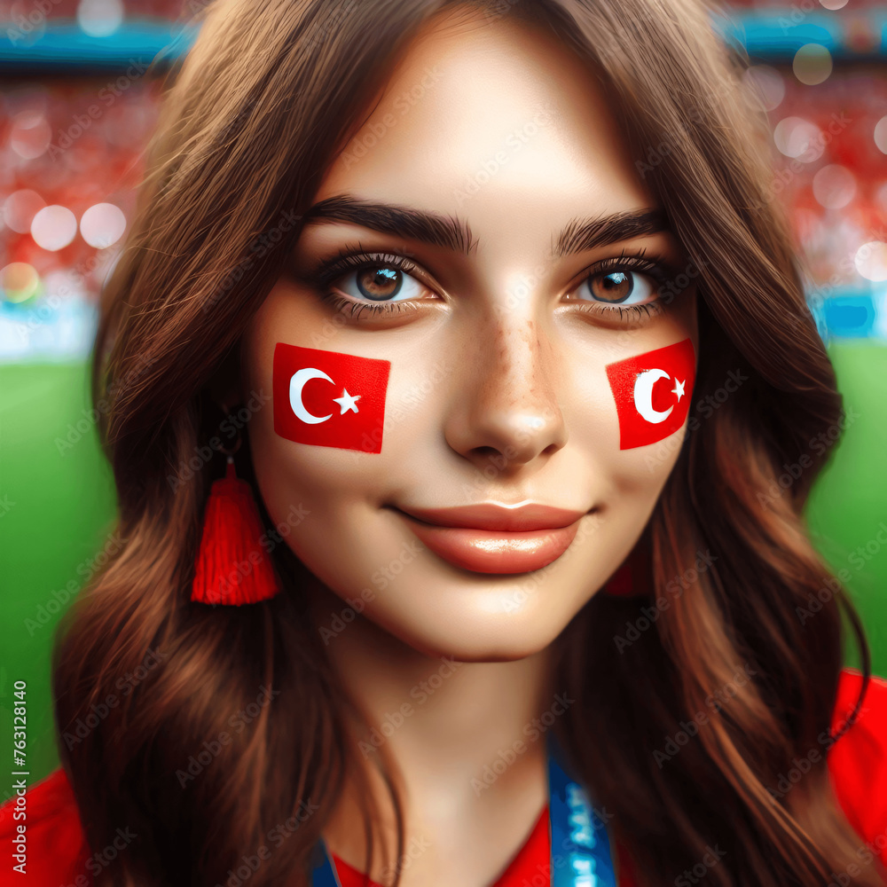 Turkish Young Female Soccer Fan with Painted National Flag Cheeks at ...